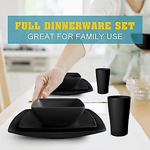 Teivio 32-piece Plastic Wheat Straw Square Dinnerware Set for 8, Unbreakable Dinner Plates, Salad Plates, Snack Bowls, Tumblers 20 oz, Dishwasher Safe, Black