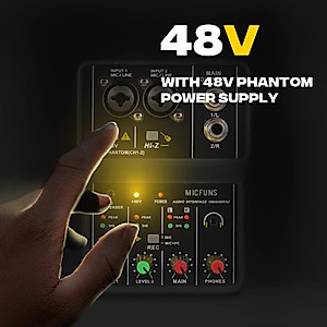 Mini 2 channel audio DJ mixer console interface with 48V phantom power Combo Jack Microphone/Guitar XLR+6.35mm, 3.5mm Stereo in, Headphone Jack for studio live show,party recording