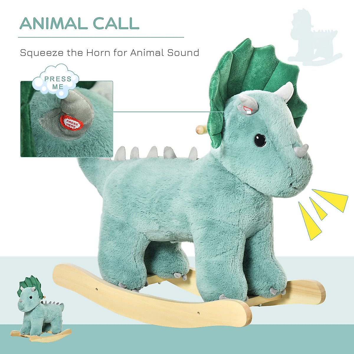 Qaba Kids Plush Ride-On Rocking Horse Triceratops-Shaped Plush Toy Rocker with Realistic Sounds for Child 36-72 Months Dark Green