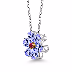 Gem Stone King 925 Sterling Silver and 10K Yellow Gold Blue Tanzanite and Red Created Ruby Pear Shape Flower Pendant Necklace For Women (2.73 Cttw, Gemstone Birthstone, with 18 Inch Chain)