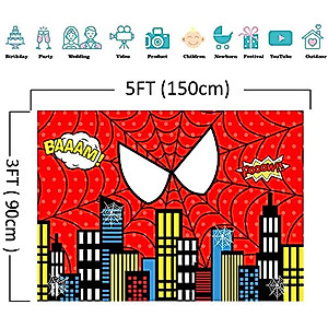 Red Spider Web Photography Backdrop Baby Shower Photo Booth Studio Props Supplies Super Heros Cityscape Photo Background Vinyl 5x3ft Children Boys 1st Birthday Party Banner Decorations Dessert Table
