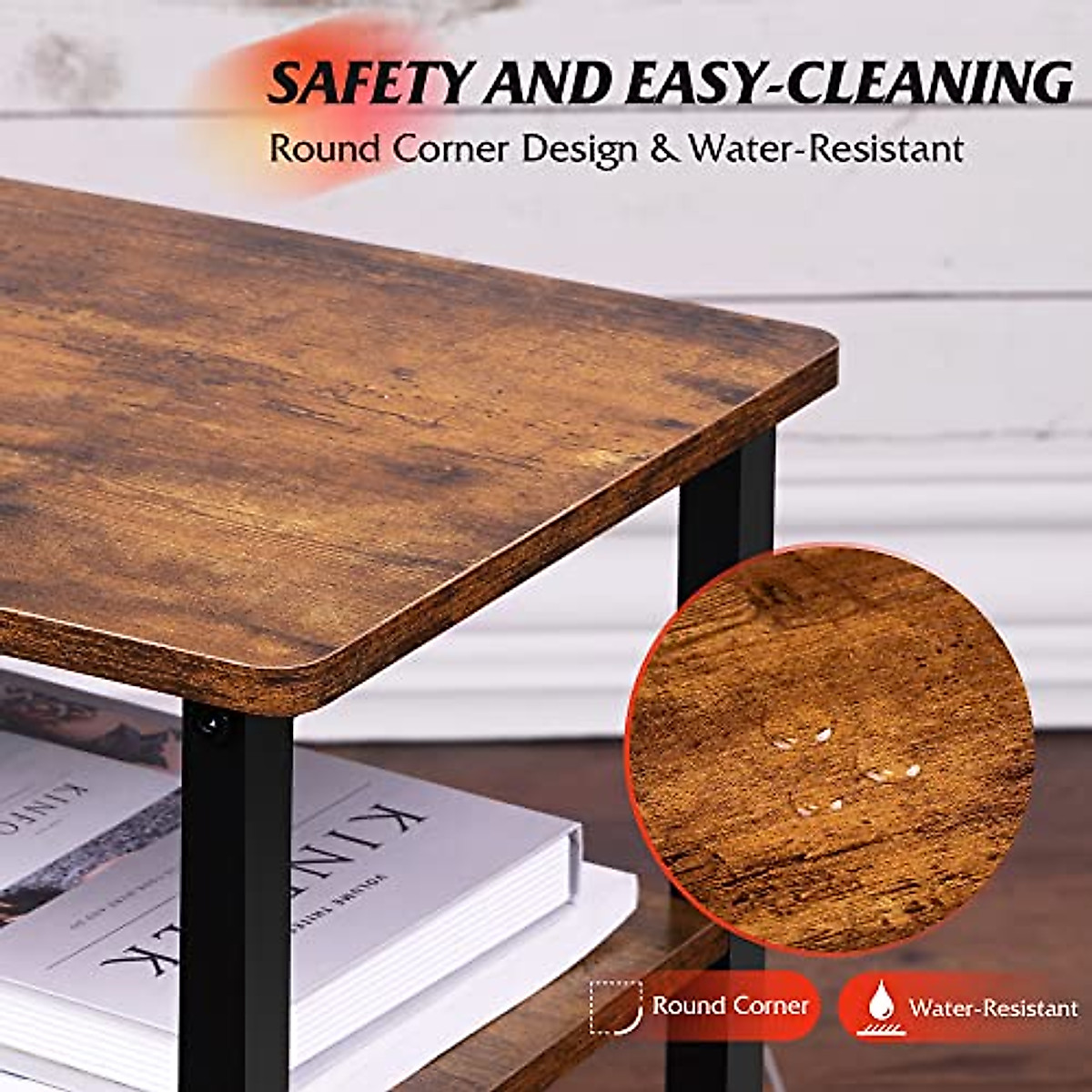 WLIVE Side Table, Small End Table, Adjustable 3-Tier Bedside Table with Sturdy Metal Frame, Tall Nightstand for Bedroom, Living Room, Sofa Table for Small Space (Rustic Brown, 1 Pack)