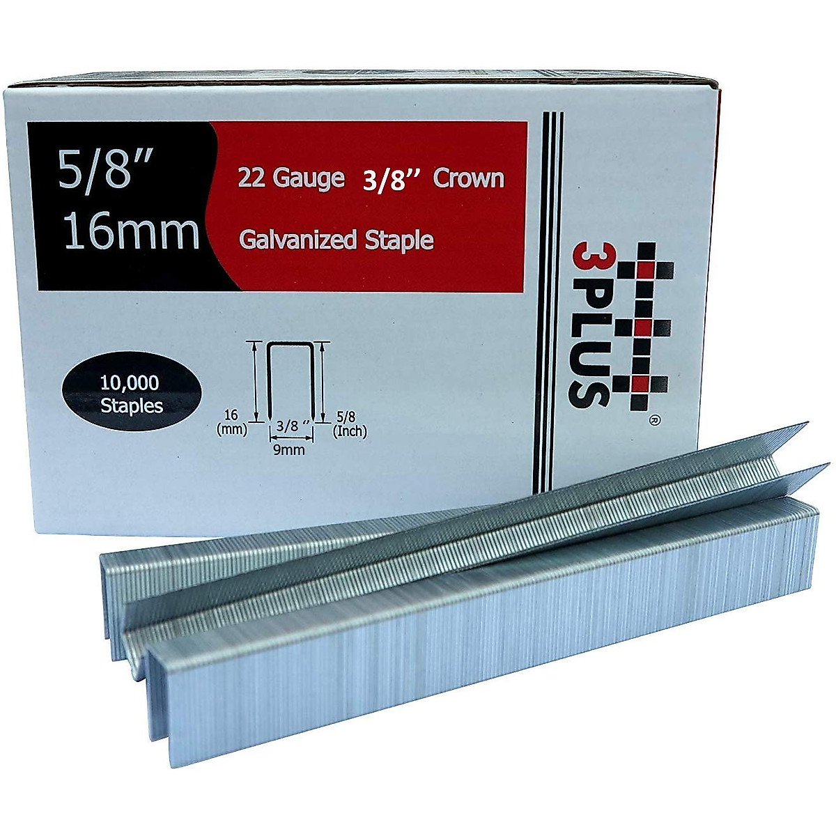 3PLUS 71/16 22 Gauge 3/8-Inch (9mm) Crown 5/8-Inch Leg Length Galvanized Fine Wire Staples, 10,000 per Box, 71 Series Staples