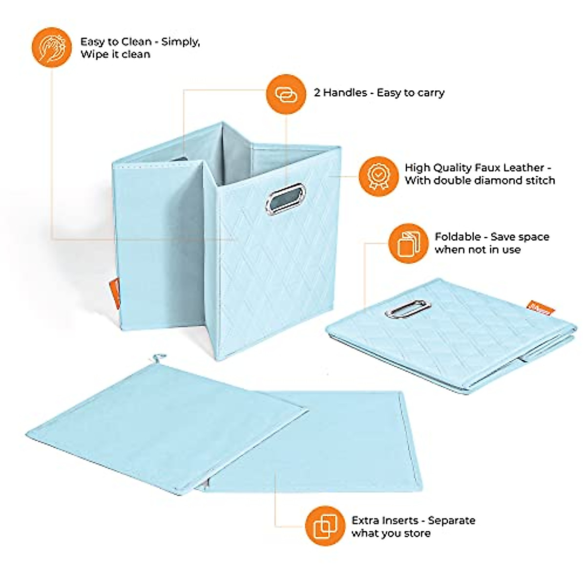 JIAessentials Medium 12-inch Blue Foldable Diamond Patterned Faux Leather Storage Cube Bins Set of Four with Handles with Dual Handles for living room, bedroom and office storage