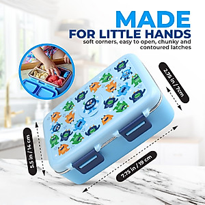 kinsho Stainless Steel Lunch Box for Baby or Toddlers Boys, Mini Bento, 3 Eco Metal Portion Sections Leakproof Lid, Pre-School Daycare Lunches, Kids Spill-Proof Snack Container, Blue Cute Monster