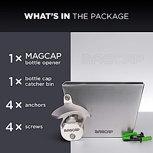 MAGCAP Magnetic Wall Mounted Bar - Style Bottle Opener and Bottle Cap Catcher Set for Beer and Sodas - Stylish, Easy to Install and Effortless to Use - Collects the Caps so You Don't Have to!