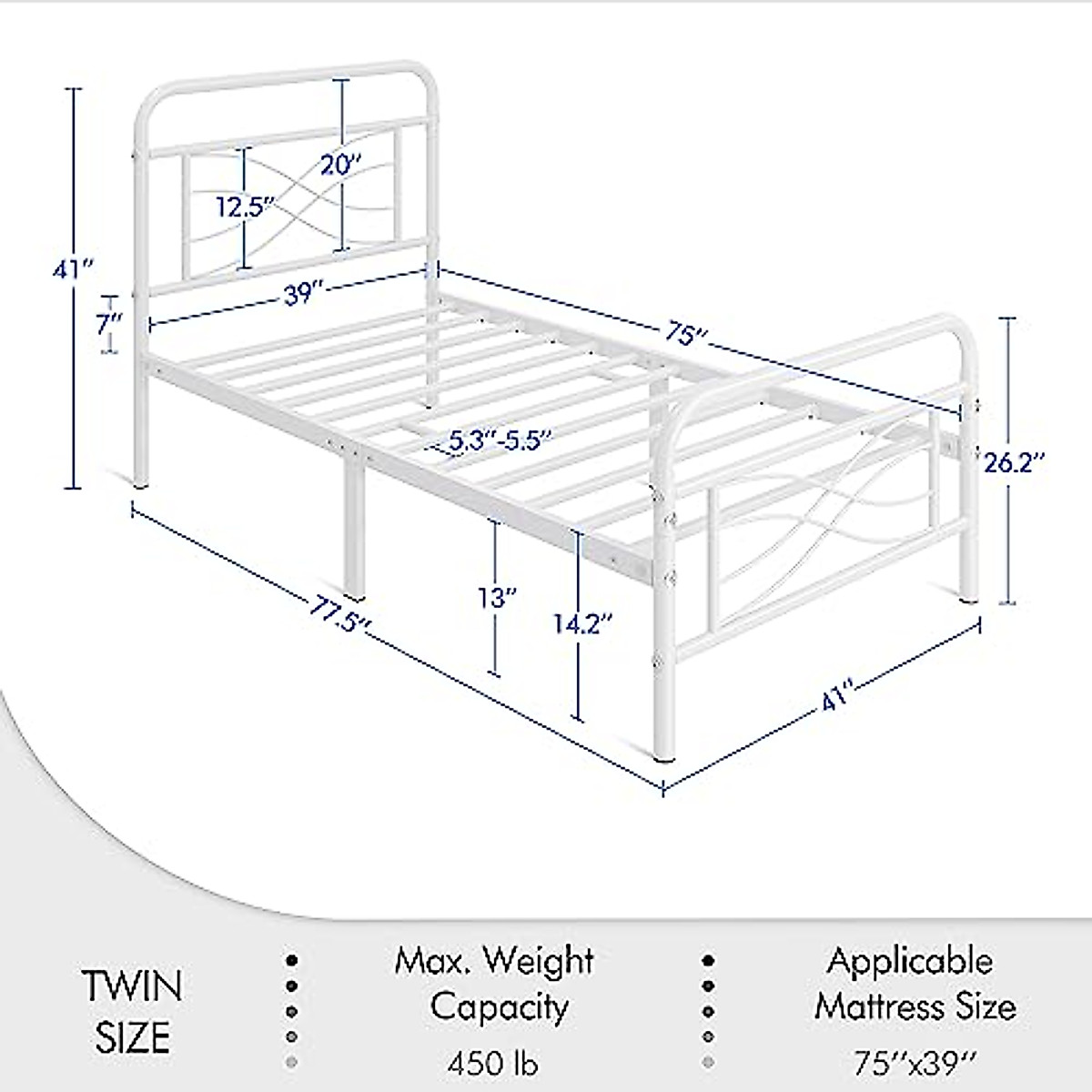 Topeakmart Twin Bed Frames Metal Bed with Vintage Style/Criss-Cross Design Headboard/Mattress Foundation/No Box Spring Needed/Under Bed Storage/Strong Slat Support White Twin Bed