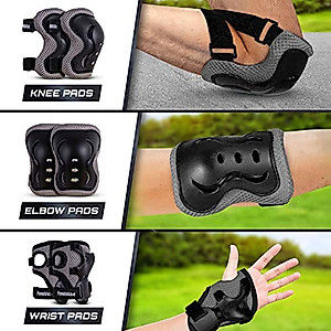 Knee Pads for Kids – POMELOLEAVE Knee and Elbow Pads for Kids and Teen Protective Gear 6 in 1 Set for Inline Skating, Rollerblades, Skateboard, Dirt Bike, Longboarding – Medium (9-12 Age), Black