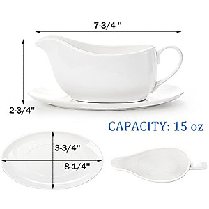Yesland 15 oz Gravy Boat and Tray, Ceramic White Gravy Sauce Boat with Saucer Stand for Dining, Holiday Meals & Parties
