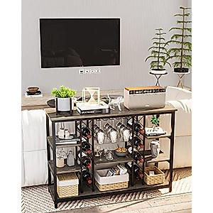 Teraves Modern Wine Rack Table, 47 Inch Wine Baker's Rack with Storage Shelves, 4 Tier Freestanding Wine Rack for Bar, Buffet, Home Kitchen Dining Room Living Room (Black Oak+Black Frame)
