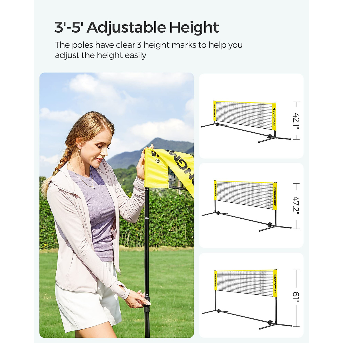 SONGMICS 16.5 ft Badminton Net, Height Adjustable Volleyball Net, Pickleball Net with Poles, Foldable Nylon Net for Tennis Indoor Outdoor Court, Yellow and Black USYQ500Y