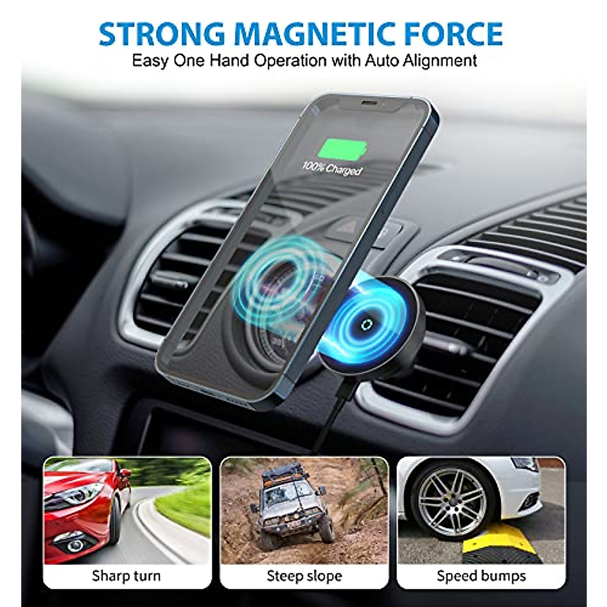 KOTOO MagSafe Compatible Magnetic Wireless Car Charger, Designed for iPhone 15/14-12 Series, Fast Charging Stand and Air Vent Holder (2023 Upgraded)