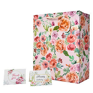 Elephant-package 12.6" Large Flower Gift Bag with Tissue Paper and greeting card, for Girls Women Birthday Gift Packing, Mothers Day, Valentine's Day, Bridal Shower, (Pink Rose)