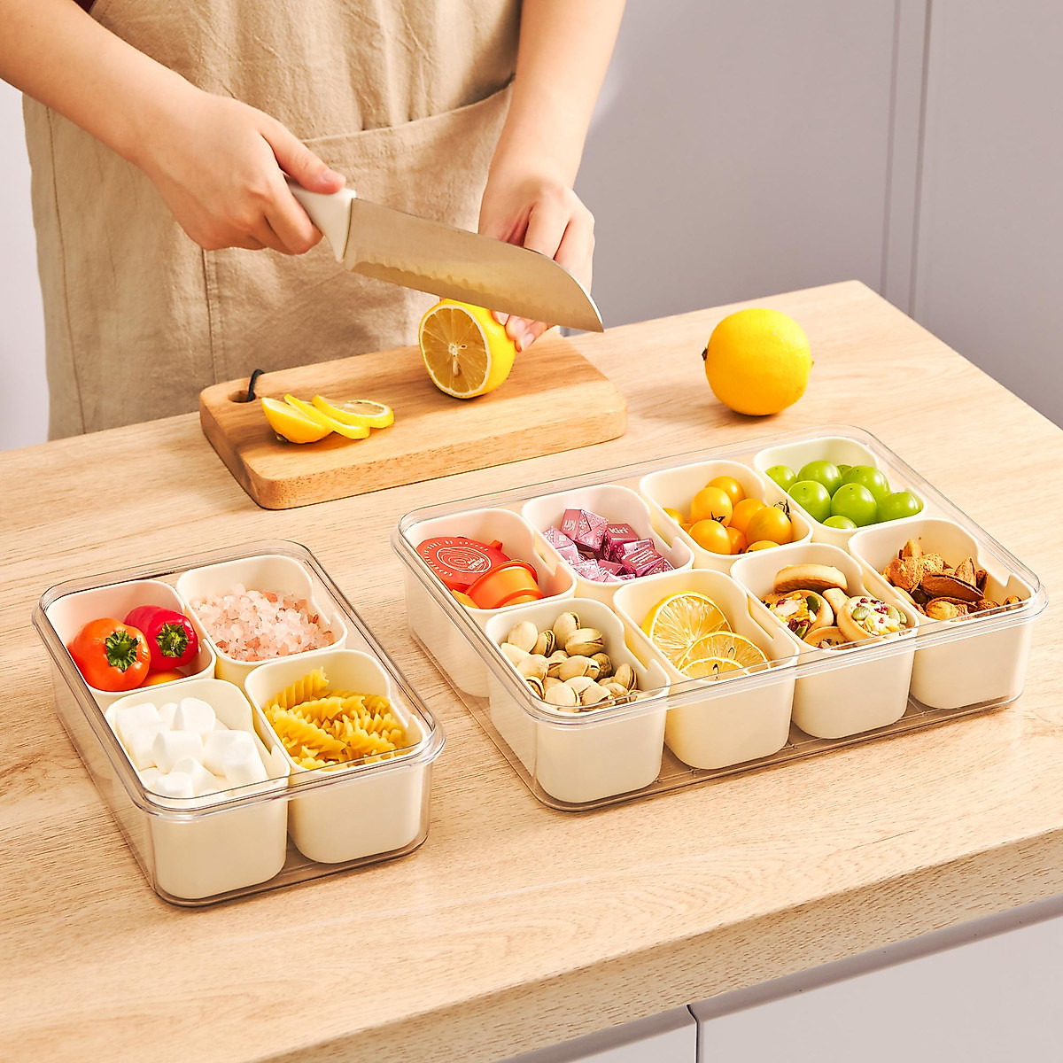 FIGWINET Snack Box Container, Rectangular, Compartmentalized Box with Flip Top Lid, Portable, Plastic, Reusable, Daily Use, Picnics, Parties, Kitchen Storage, Travel