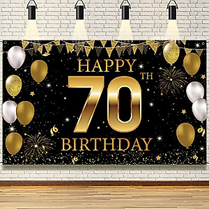 70th Birthday Party Decorations Backdrop Banner, Black Gold Happy 70th Birthday Decorations for Men Women, 70 Years Old Birthday Photo Booth Props, 70 Birthday Sign for Outdoor Indoor, Fabric Vicycaty