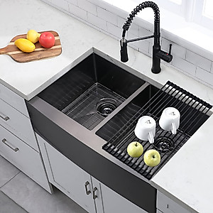 SHACO 33 Inch Black Double Farmhouse Sink, 33x21 Gunmetal Black Divided 50/50 Farmhouse Kitchen Sink, 304 Stainless Steel 9 Inch Deep Double Basin Apron Front Farm Sink for Kitchen