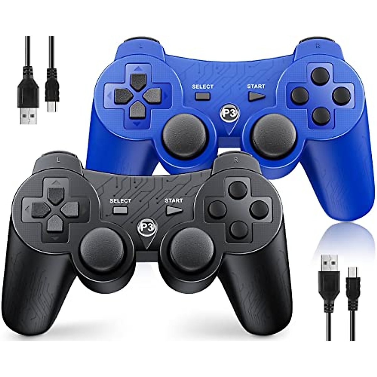 OKHAHA Controller for PS3 Controller Wireless for Sony Playstation 3 Controller, Double Shock 3, Rechargeable, Motion Sensor, Remote for PS3, 2 USB Charging Cords, 2 Pack, Stripes, Black + Blue