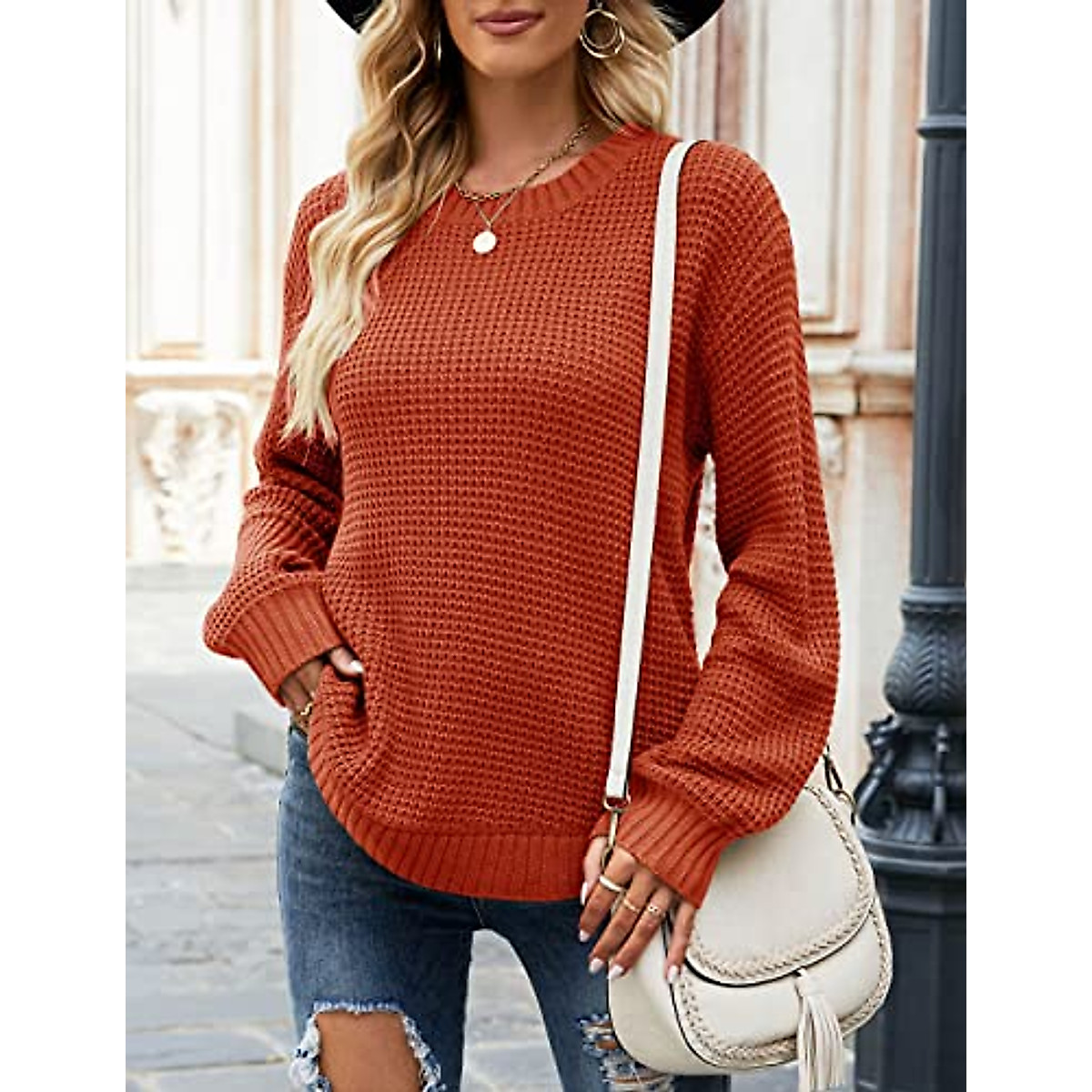 MEROKEETY Women's 2023 Casual Fall Waffle Knit Sweater Long Balloon Sleeve Loose Pullover Jumper, Rust, M