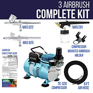 Master Airbrush Cool Runner II Dual Fan Air Compressor Airbrushing System Kit with 3 Professional Airbrush Sets, 0.2, 0.3 mm Gravity & 0.8 mm Siphon Feed - Hose, Holder, How To Airbrush Learning Guide