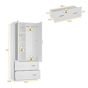 AIEGLE 2 Doors Wardrobe Armoire with Mirror, Freestanding Mirrored Armoire Wardrobe Closet with 2 Drawers, Shelves & Hanging Rod, Bedroom Wooden Clothes Organizer, White (31.5" W x 18.9" D x 72" H)