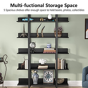 Tribesigns 5 Tiers Bookcase, 5-Shelf Industrial Style Etagere Bookcases and Book Shelves, Metal and Wood Free Vintage Bookshelf with Back Fence, Black