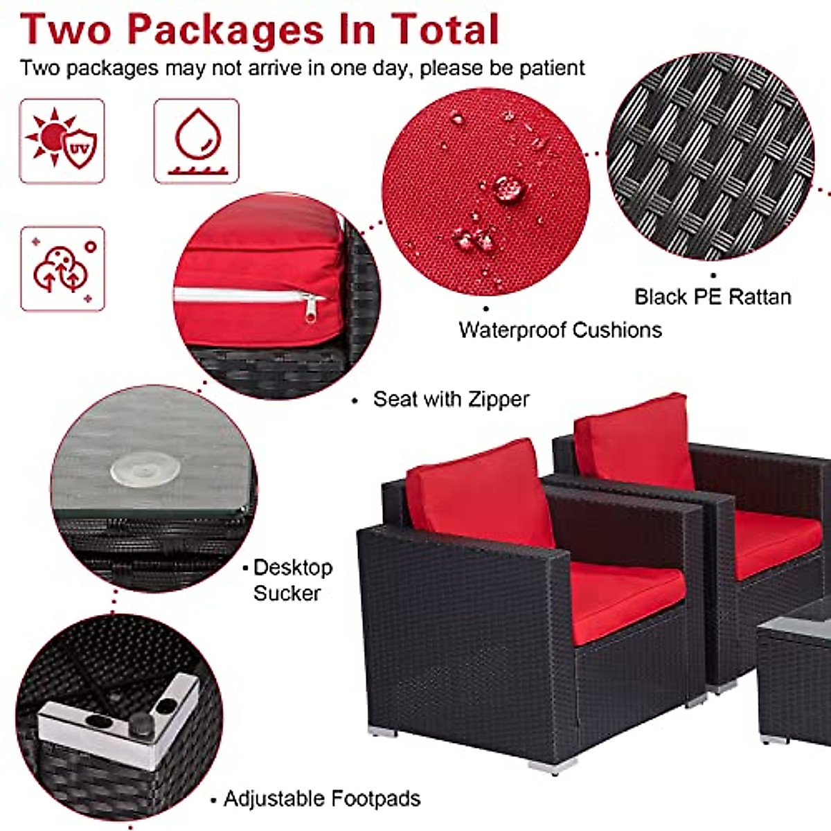 Peach Tree 4 PC Patio Furniture Sets PE Rattan Wicker Sofa Sectional Conversation Set with Washable Cushion and Coffee Table Deck Couch Set for Garden Outdoor(Red)