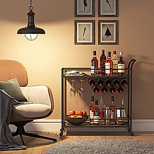 Lifewit Bar Cart, Home Bar Serving Cart, 2 Tier Drink Cart with 9 Wine Bottle Racks, Liquor Beverage Cart for Kitchen Dining Living Room Outdoor, 31.5" x 13" x 34.6", Black