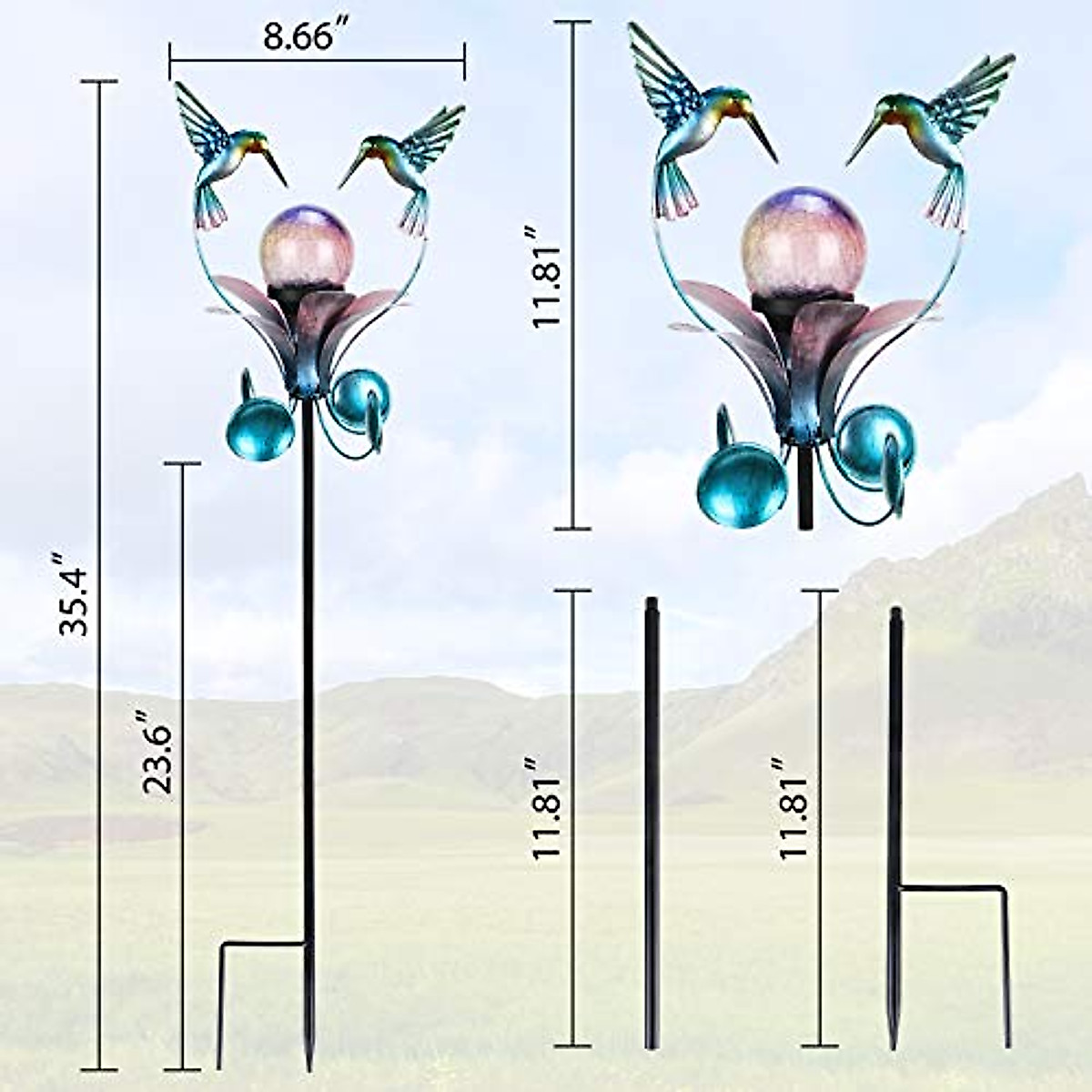 VCUTEKA Solar Lights Outdoor Metal Garden Stake Waterproof Crackle Glass Globe Garden Decor Hummingbird for Pathway, Lawn, Patio, Yard