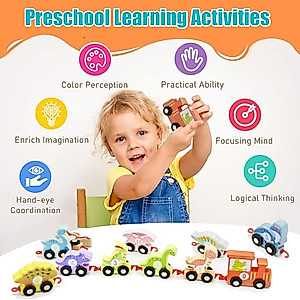 Dinosaur Toys for Kids 2-4 Gifts, Wooden Educational Dinosaur Train Set for Toddlers Age 3-5 with Playmat/Storage Bag, Montessori Educational Toys for 2+ Years Old Boys & Girls (Dinosaur Style 2)