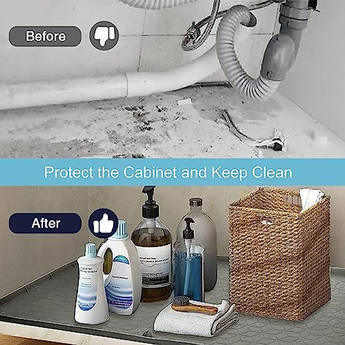 Under Sink Mat, 34" x 22" Flexible Silicone Under Sink Liner for Kitchen Waterproof Drip Tray with Drain Hole, Sink Cabinet Protector Bathroom Mats for Leaks, Spills, Water Drips (Gray)(Thick 1130g