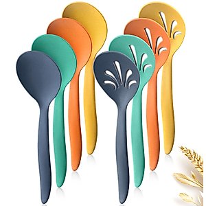 Raypard 8 Pcs 10" Large Plastic Wheat Straw Serving Spoons Set, Serving Spoons & Slotted Spoons, Kitchen Mixing Serving Spoon for Party Buffet Catering (Orange/Blue/Yellow/Green, Not for Cooking)