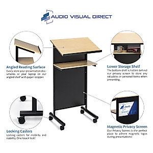 Audio-Visual Direct Wheeled Lectern - Standing Desk with Storage Shelf - Beech/Black - Ideal for Presentations and Laptop Use