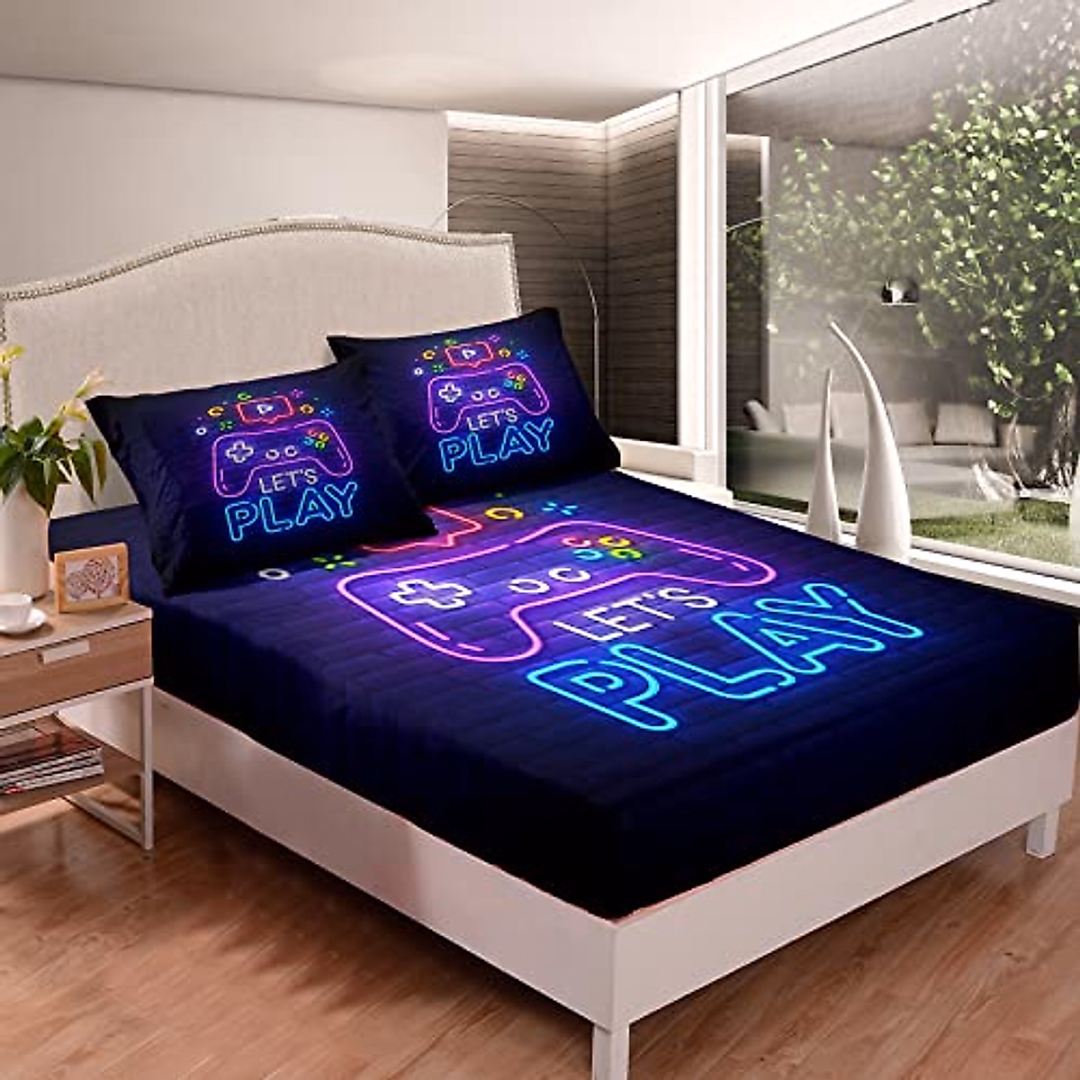 NINENINE Gaming Fitted Sheet Twin Size,Gaming Bedsheets for Boys Teens Kids,Gamepad Video Games Bedding Set with 1 Fitted Sheet and 1 Pillow Case