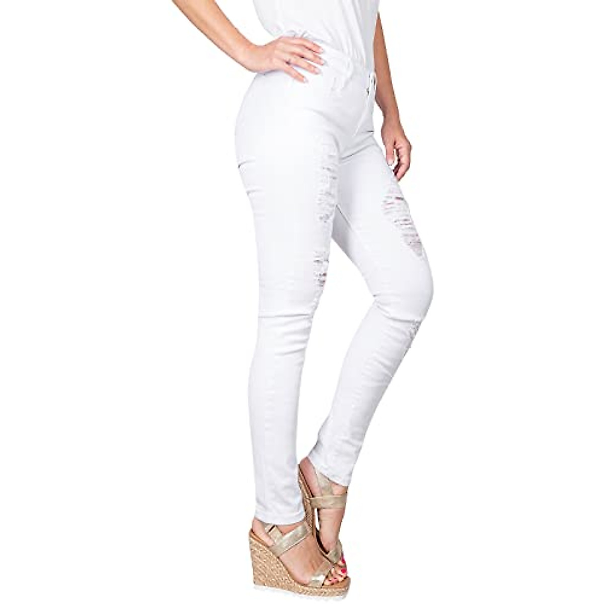 BodiLove Women's Stretchy 5 Pocket Destroyed White Skinny Jeans Back to School Junior Clothing Apparel White 9