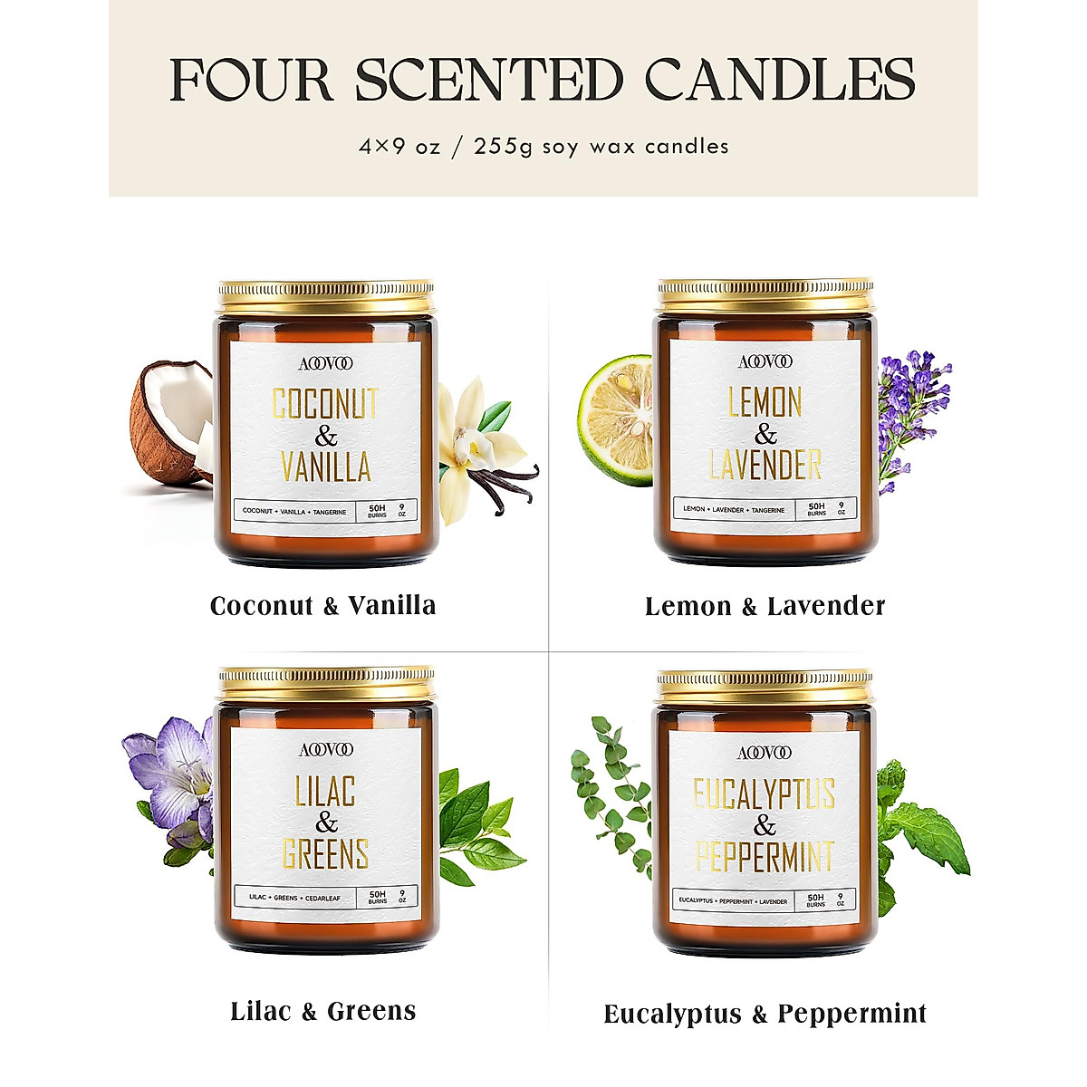 AOOVOO Golden Jar Scented Candles Set - Soy Wax Candle Set, Scented Candles for Women, Candles for Home Scented - 4 Pack Soy Candle Gifts Scents of Mint/Coconut/Lilac/Lemon