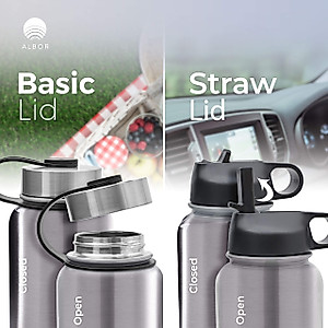 Albor 32 oz Insulated Water Bottle With Chug Lid and Straw, Plus Carry Lid for Travel, Leak Proof Stainless Steel Water Bottle for Gym and Travel (Steel)