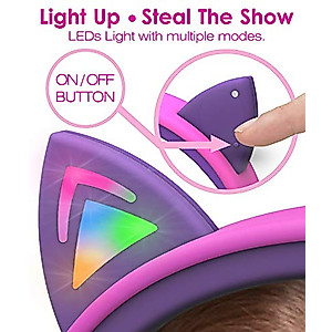 FosPower Kids Headphones with LED Cat Ears (Safe Volume Limit 85 dB), 3.5mm On-Ear Wired Headphones with Laced Tangle-Free Cables for Boys/Girls/School/Travel - Hot Pink/Purple