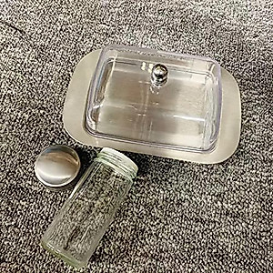 ALL GREEN Butter Dish with Lid and Knife Stainless Steel Metal Saucer with Unbreakable Clear Plastic Lid Covered Butter Dish Deluxe Butter Keeper Container & Spreading Knife(Clear+Salt+Pepper)