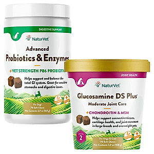 NaturVet – Glucosamine DS Plus - Level 2 Moderate Care – Supports Healthy Hip & Joint Function – 70 Soft Chews & Advanced Probiotics and Enzymes Supplement, Plus Vet Strength Probiotic 70 Soft Chews