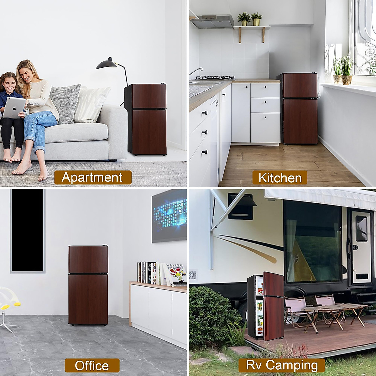 OOTDAY 3.4 Cu.Ft Compact Refrigerator, Small Fridge with Double Door, Apartment Size Refrigerator with 7 Level Adjustable Thermostat Control Perfect for Kitchen Dorm Apartment Office Wood