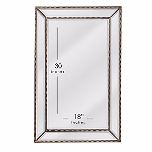 Head West Champagne Silver Metro Beaded Glass Framed Vanity Mirror for Bathroom - Large Beveled Edge - Wall Mirror with 4 D-Ring Hangers for Horizontal & Vertical Installation - 24"x 36"