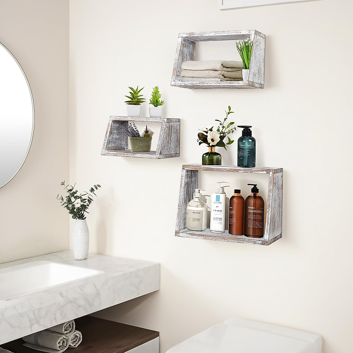 idee-home Bathroom Floating Shelves for Wall, Wood Farmhouse Decorative Wall Mounted Hanging Shelves for Kitchen Bedroom Living Room, Rustic White, Set of 3