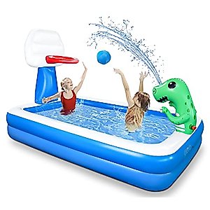 Inflatable Pool, Kiddie Pool with Basketball Hoop and Dinosaur Sprinkler, Swimming Pool for Kids Boys Girls Age 3+ Year Old, Kid Pool for Backyard Water Party