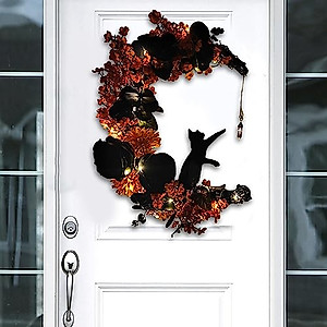 Pacoco Halloween Wreaths Decor with Lights for Front Door, 13.77" Halloween Moon Wreath with Black Cat Wood Wreath Halloween Wreath Horror Decorations for Home Party Window Wall Indoor Outdoor (03)