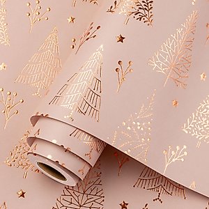 Homeral Christmas Wrapping Paper Roll - 46.8 sq.ft. 3D Embossed Foil Christmas Tree, Star on Rose Gold Pink for Christmas, New Year Celebration, Holiday - 17in x 33ft
