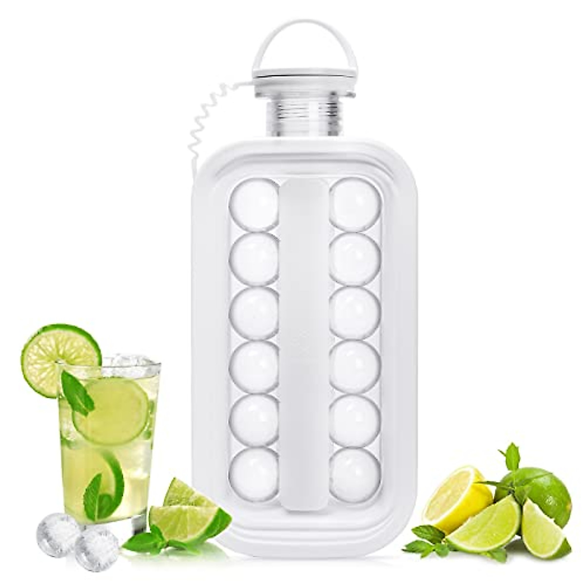 LittleStar Ice Cube Trays 2 in 1 Portable Ice Ball Maker Kettle With 17 Grids Flat Body Lid Cooling Ice Pop/Cube Molds For Hockey,Cocktail,Coffee,Whiskey,Champagne,Beer,Juice,(White)