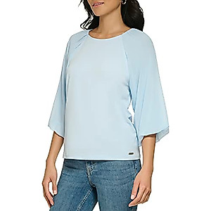 Calvin Klein Women's Loose Fitted Matte Jersey Mixed Media Lantern Sleeve Blouse, Cashmere Blue