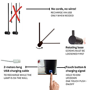 Bulbly Modern Cordless Wall Sconce Set of Two | Modern Dimmable LED Black Wall Lamps for Living Room & Bedroom Decor | USB Rechargeable Wall Light