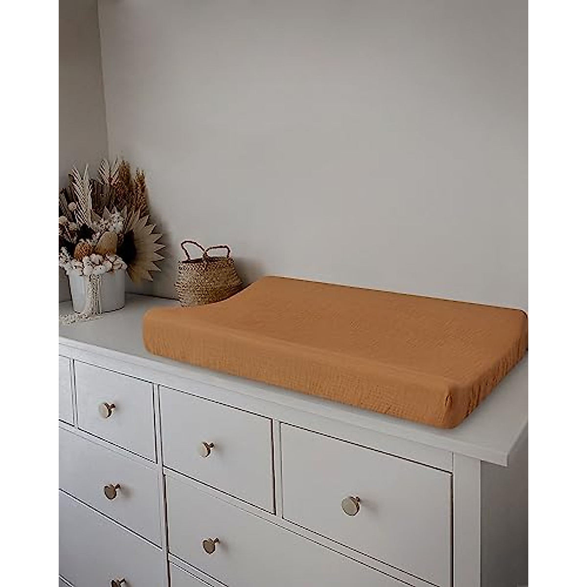 Muslin Changing Pad Cover, Ultra Soft Cotton Diaper Changing Table Covers for Baby Girls Boys, Boho Changing Pad Sheets Neutral, Comfy and Breathable, 2 Pack (Retro Yellow & Beige)