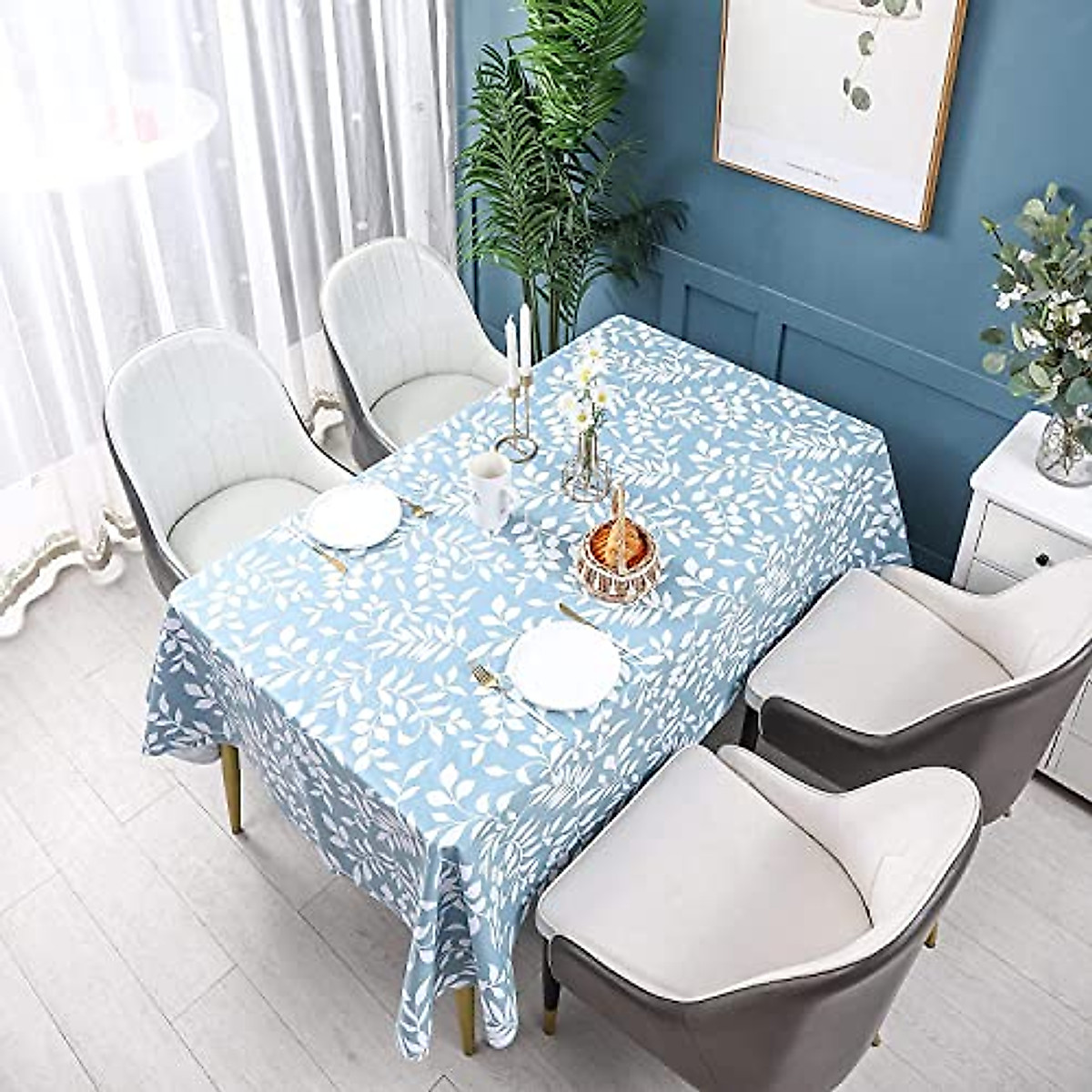 Vinyl Tablecloth with Flannel Backed Waterproof Oil-Proof PVC Table Cloth Wipeable Spill-Proof Plastic Table Cover for Indoor and Outdoor(Blue Leaves, 60 x 60 Inch Square)
